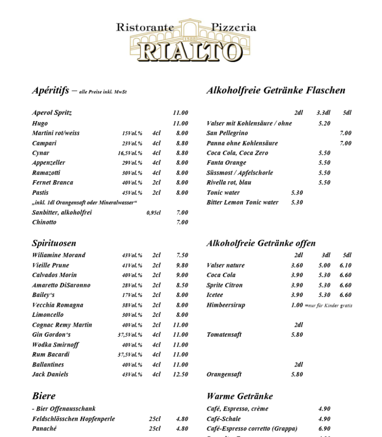 Speisekarte - Pizzeria Rialto Thun Speisekarte - Pizzeria Rialto Thun